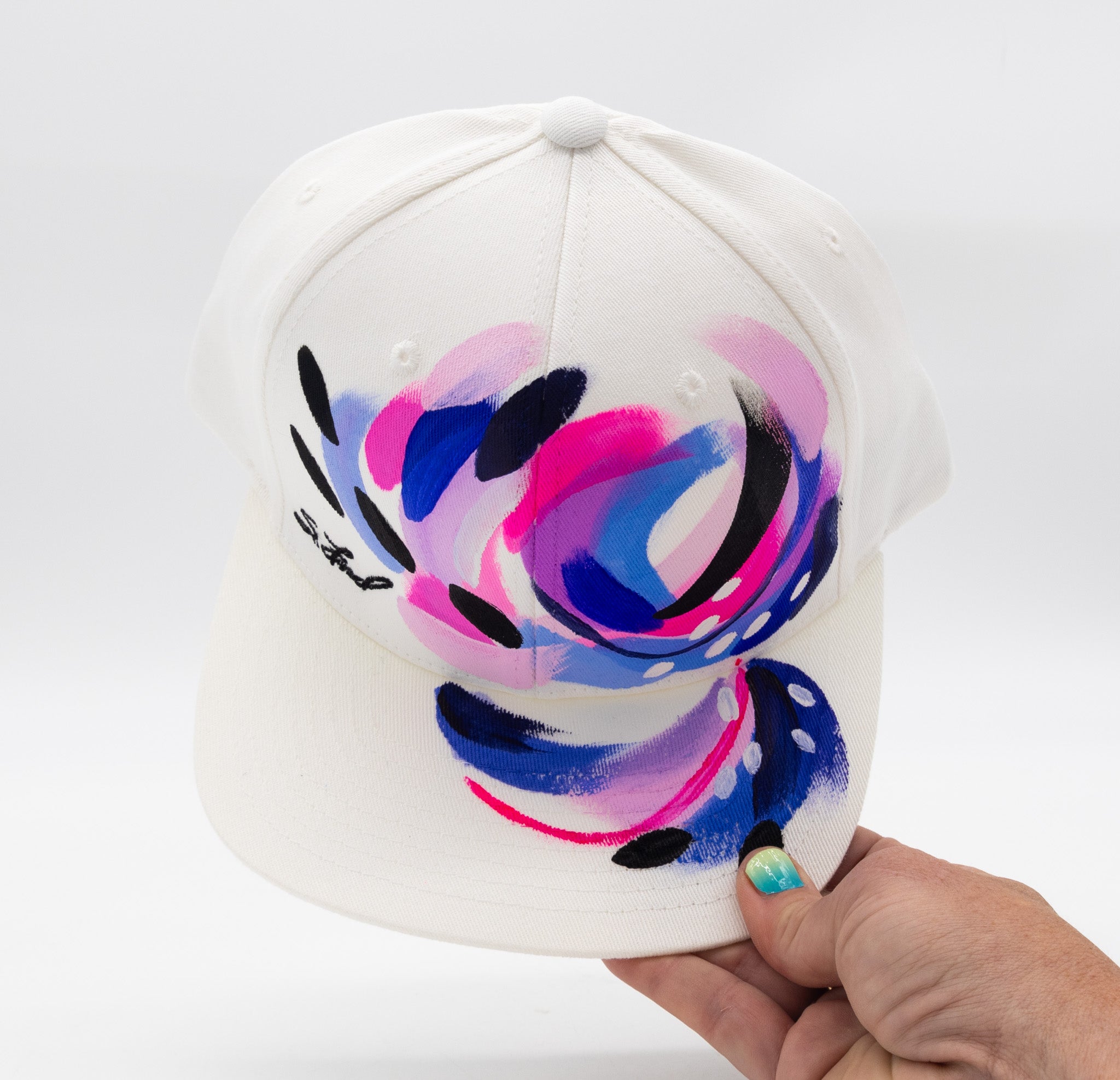 #14 Abstract Hand Painted White Organic Hat – Suze Ford Studios
